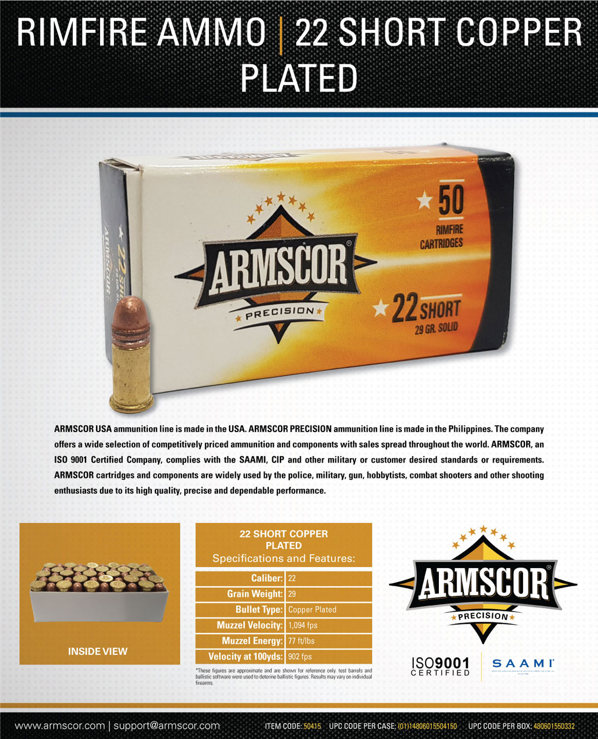 Armscor 50415 Precision 22 Short 29 gr 1080 fps Solid Point 50 Bx/100 ...