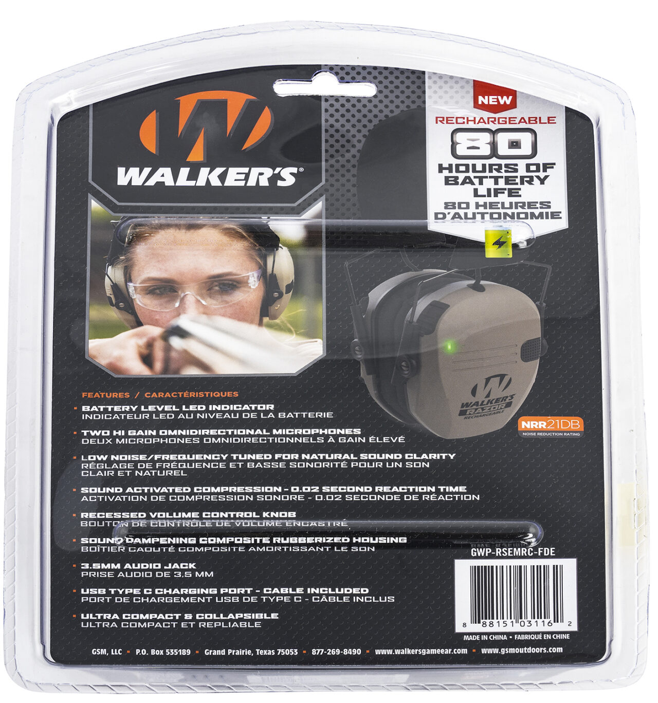 Walker's GWPRSEMRCFDE Razor Rechargeable Electronic Muff 21 dB Over the ...